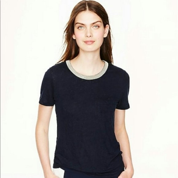 J. Crew | Tops | J Crew Beaded Collar Linen Tee In Navy | Poshmark